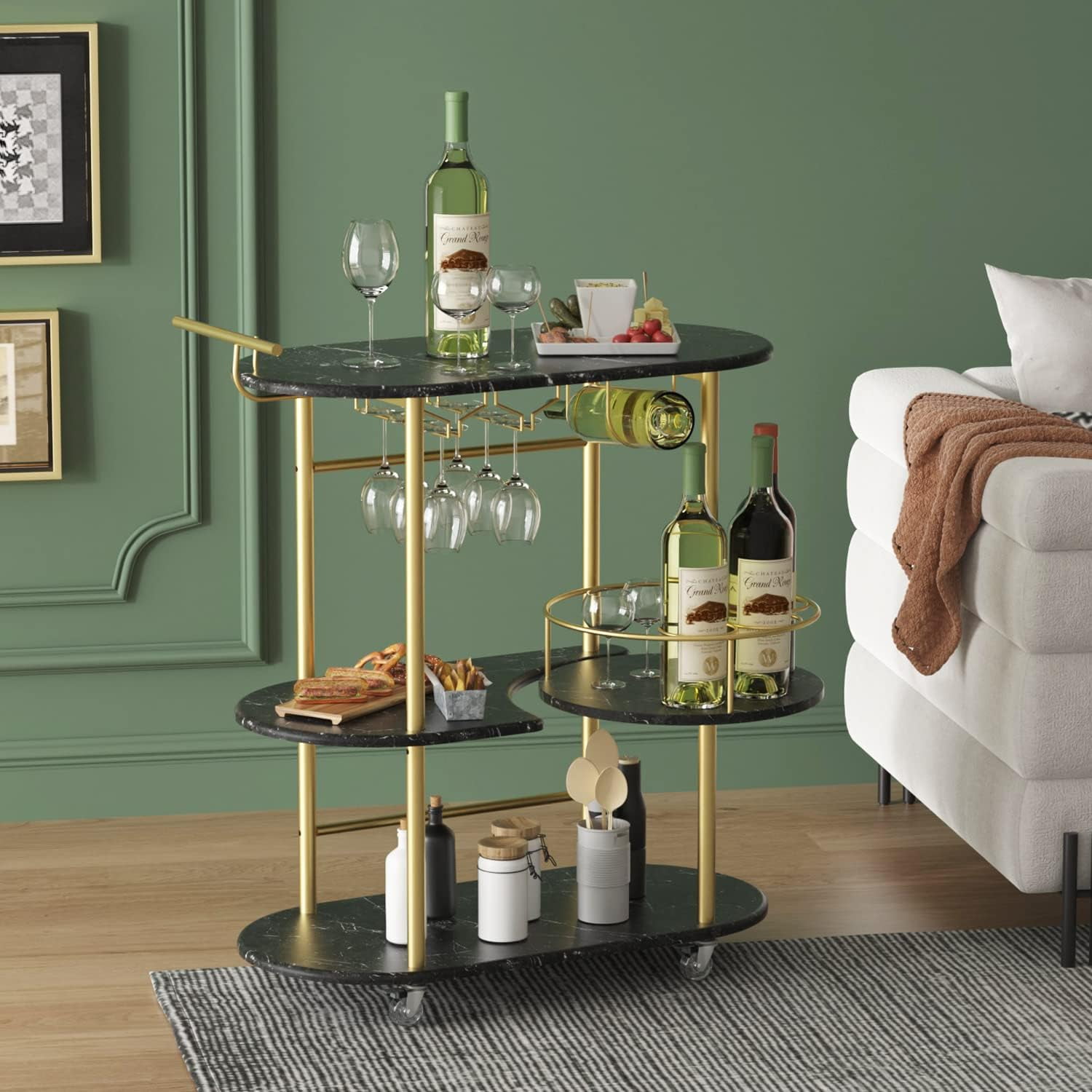 Gold Bar Carts with 4-Tier Storage Shelves, Mobile Bar Serving Cart ...
