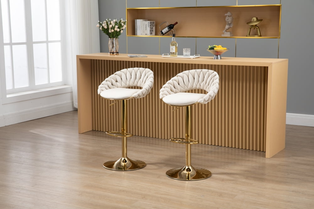 Gold Bar Stool Set of 2, Velvet Swivel Woven Barstools, Height ...