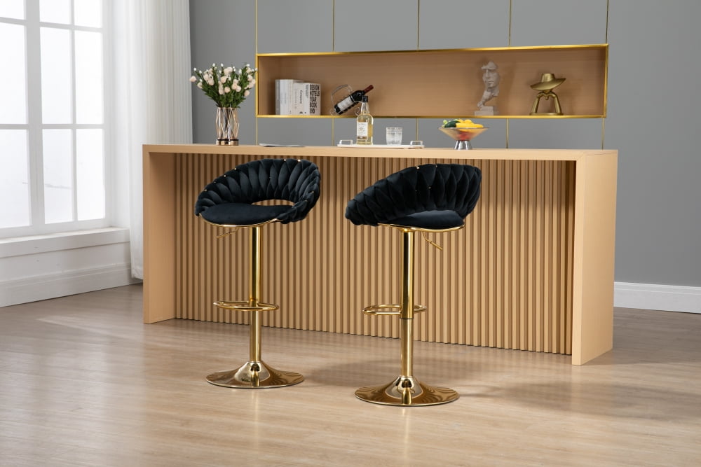 Gold Bar Stool Set of 2, Velvet Swivel Woven Barstools, Height ...