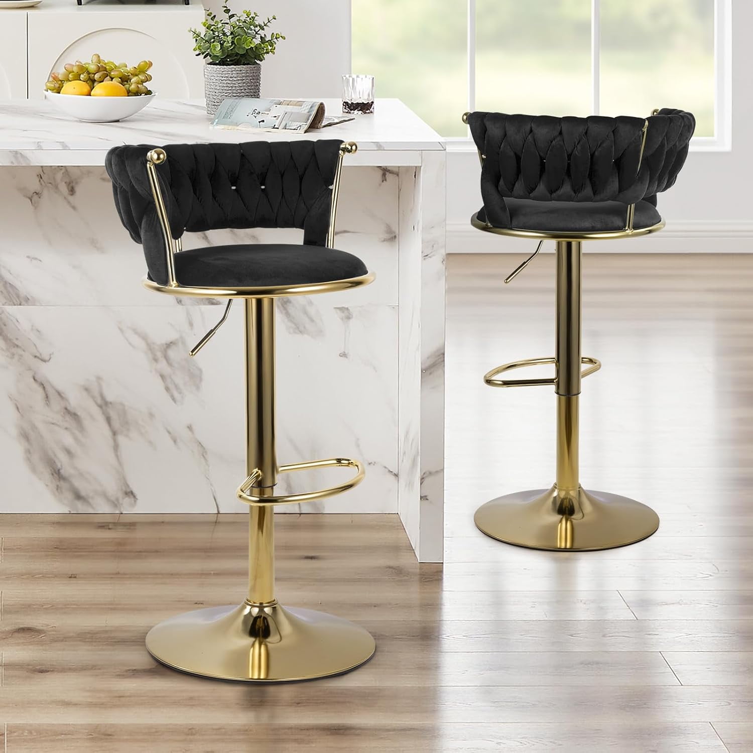 Gold Bar Stools Set of 2, Swivel Velvet Barstools with Woven Backrest ...