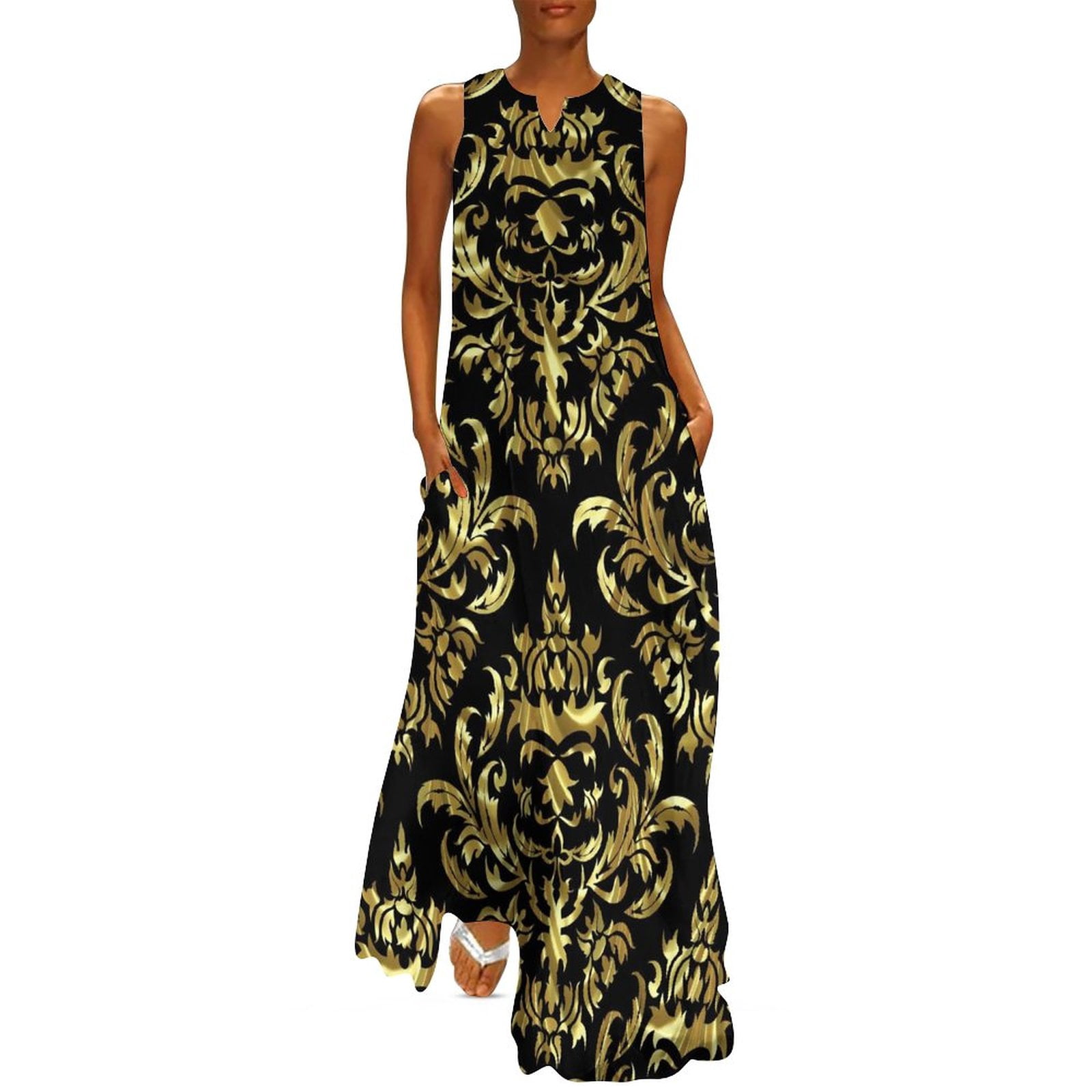 Gold Baroque Dress Summer Oriental Vintage Damask Aesthetic Casual Long ...