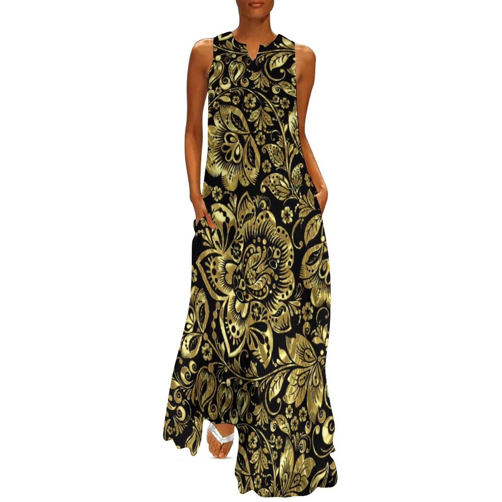 Gold Baroque Dress Summer Oriental Vintage Damask Aesthetic Casual Long ...