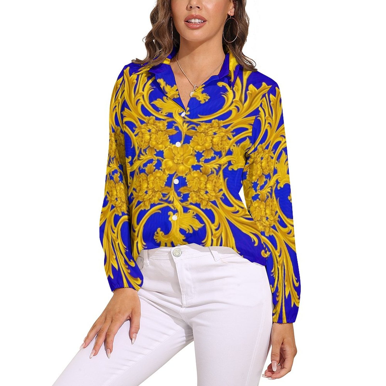 Gold Baroque Floral Loose Blouse Retro Flower Street Style Oversized ...