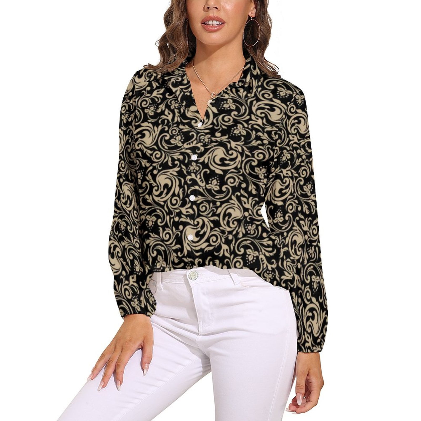 Gold Baroque Floral Loose Blouse Retro Flower Street Style Oversized ...