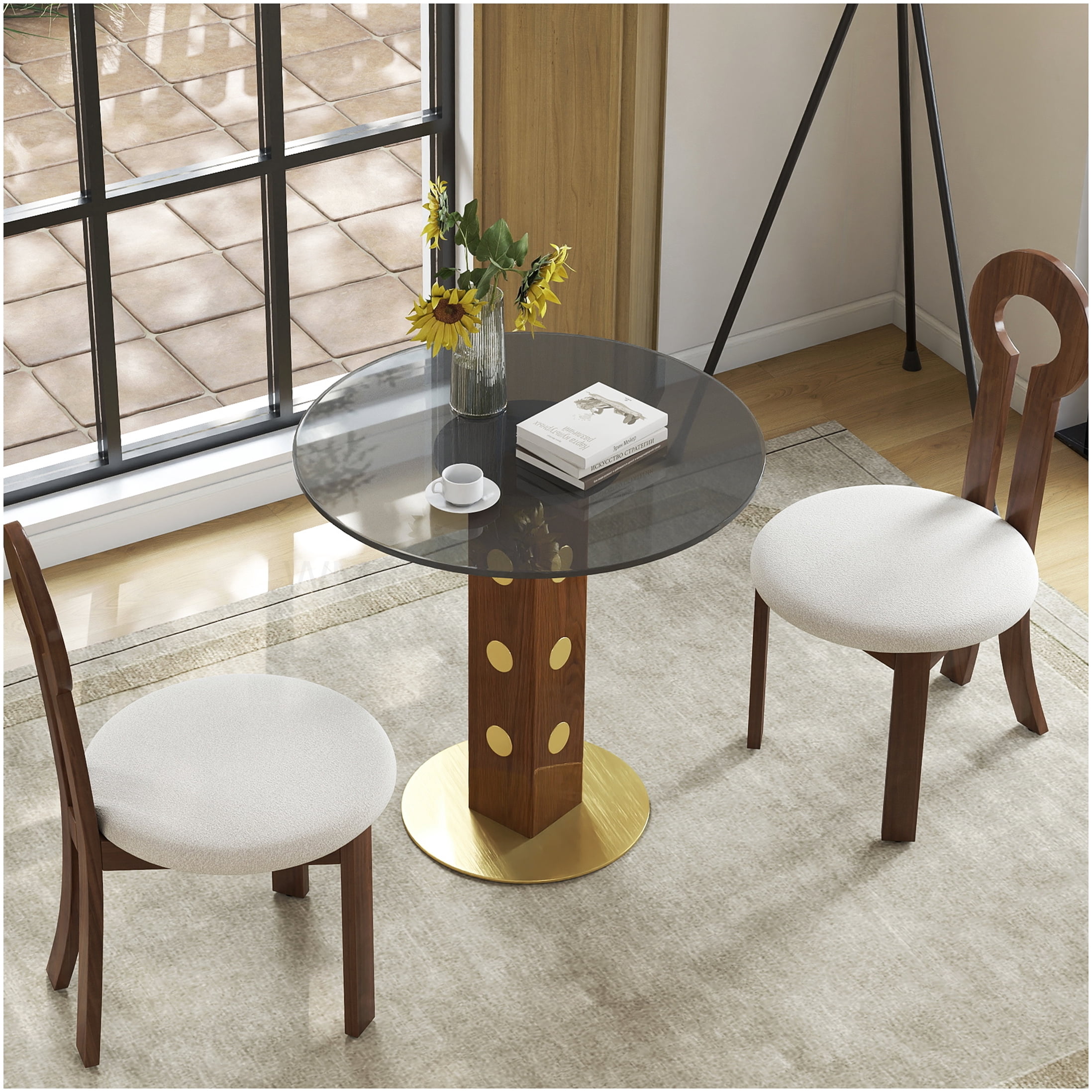 Gold Base Round Dining Table with Tempered Glass Top and Wooden Leg ...