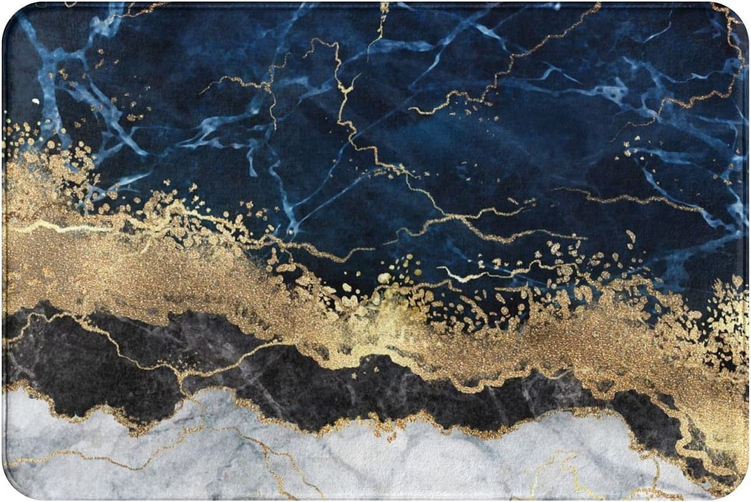 Gold Bath Mat for Bathroom Navy Blue Marble Abstract Rugs Shower Mats ...