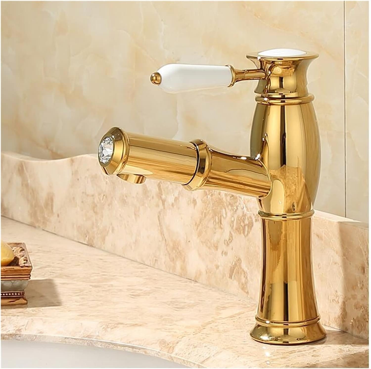 Gold Bathroom Basin Faucet Solid Brass and Jade Material Faucet Sink ...