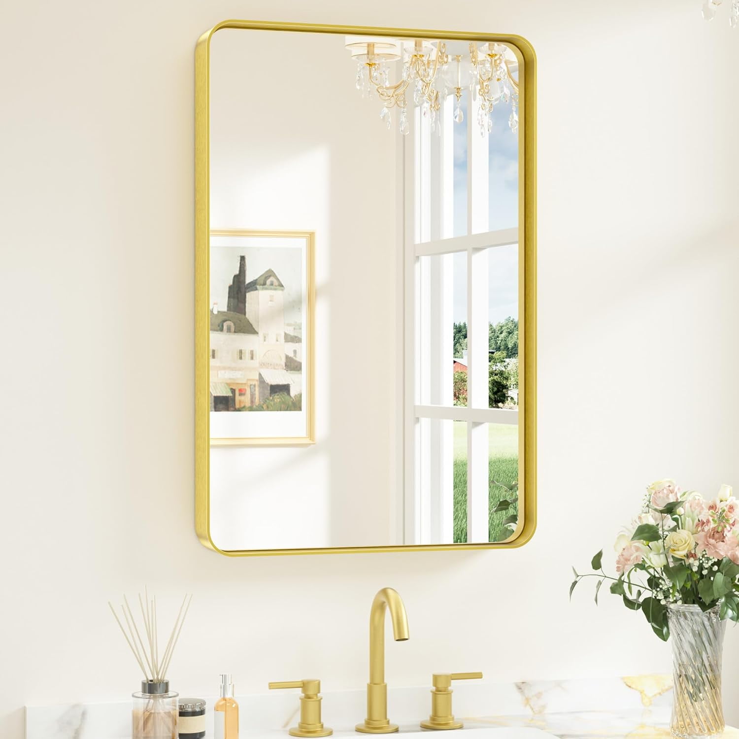 Gold Bathroom Mirrors for Wall 20 x 30 Inch Rounded Rectangle Gold ...