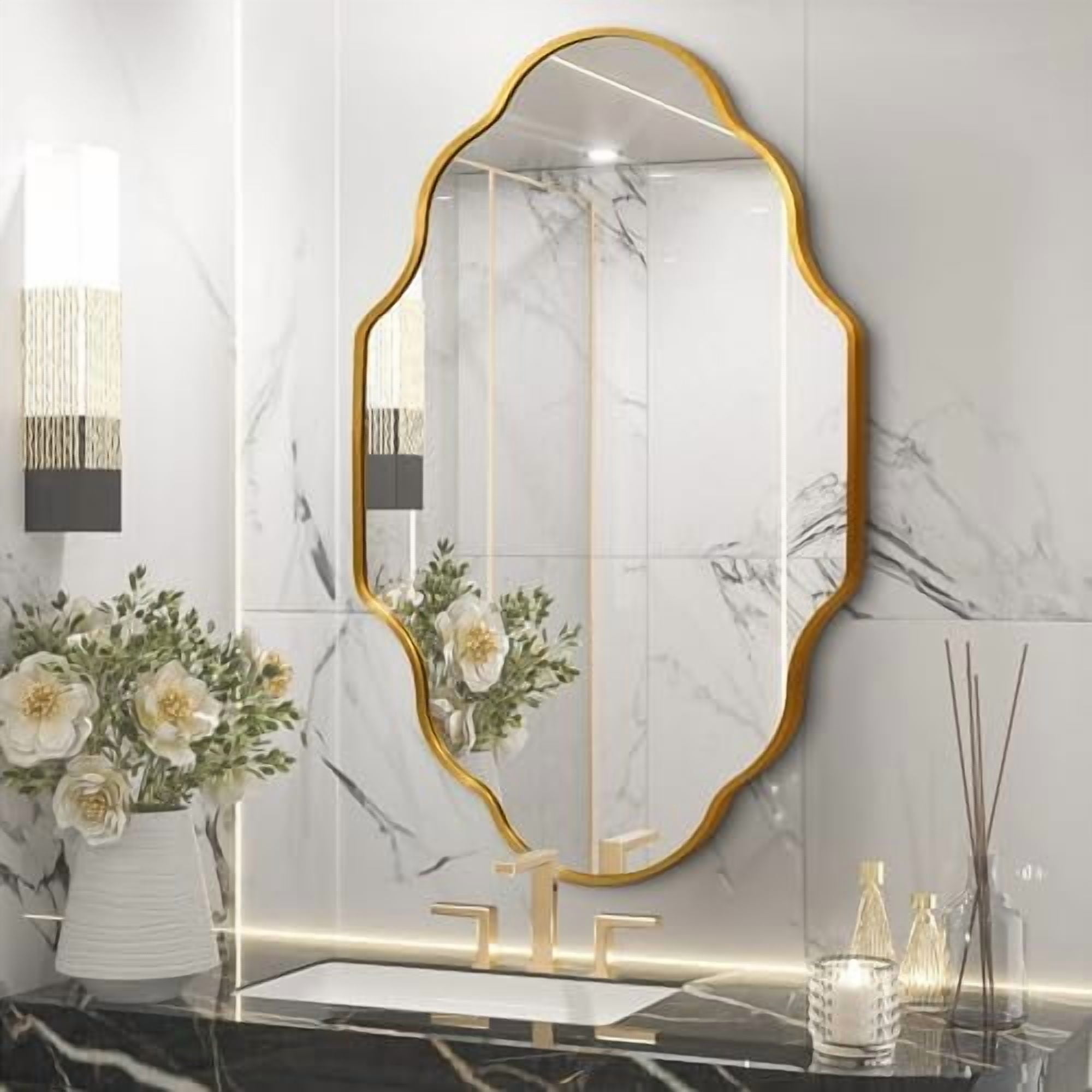 Gold Bathroom Wall Mirror, 24" L x 36" W Scalloped Mirrors for Wall ...