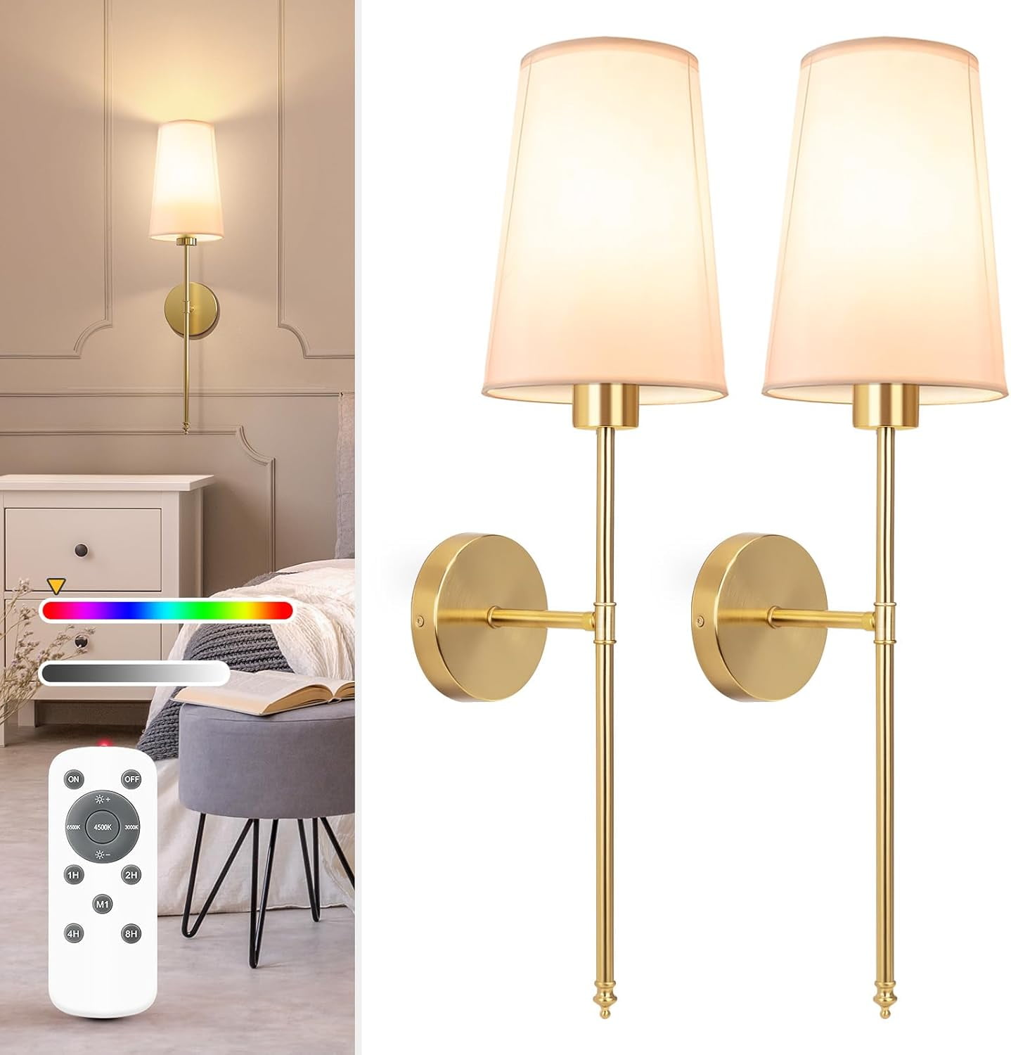 Gold Battery Operated Wall Sconce Set of 2,Rechargeable Wall Lights with 5200mAh Dimmable ...