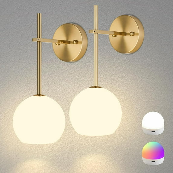 Gold Battery Operated Wall Sconces Set of 2, Rechargeable Wireless Wall ...