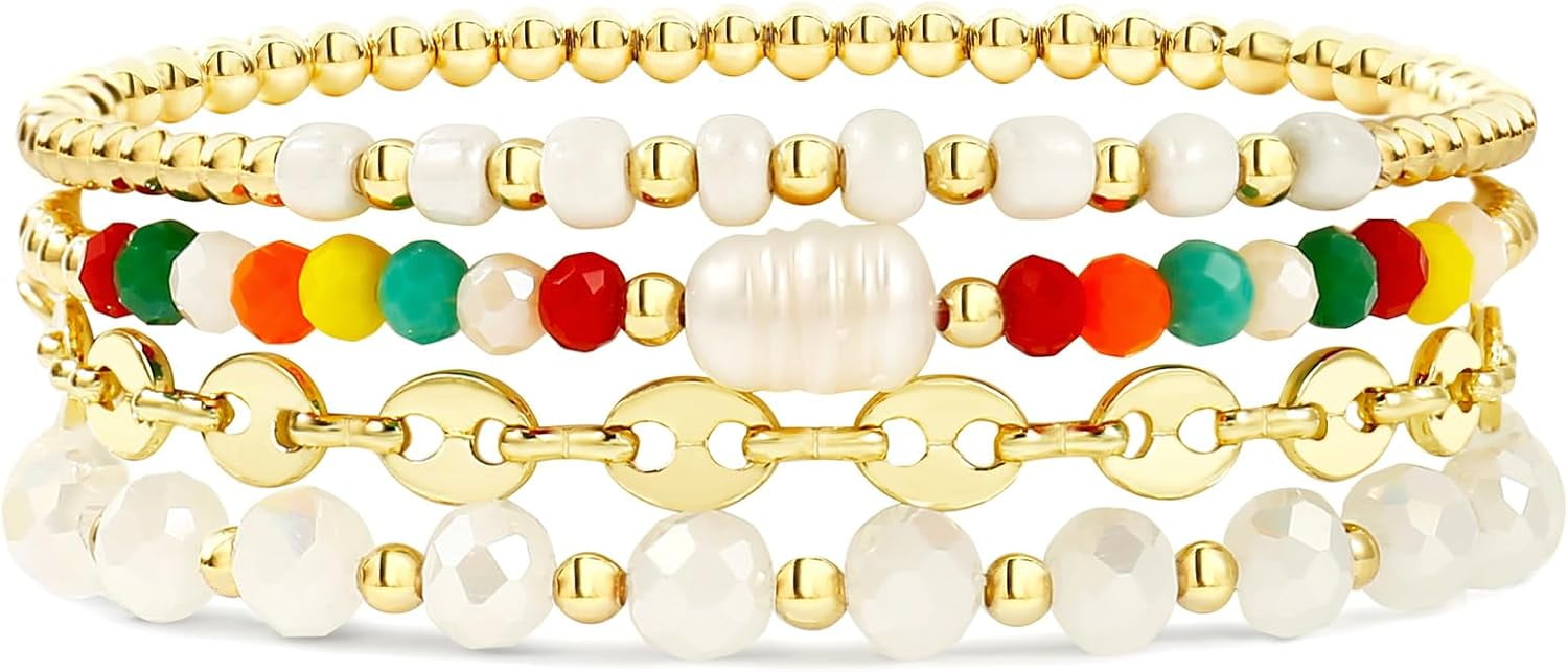 Gold Beaded Bracelets For Women Boho Crystal Multiple Layered Stackable Wrap Bangle Set ...