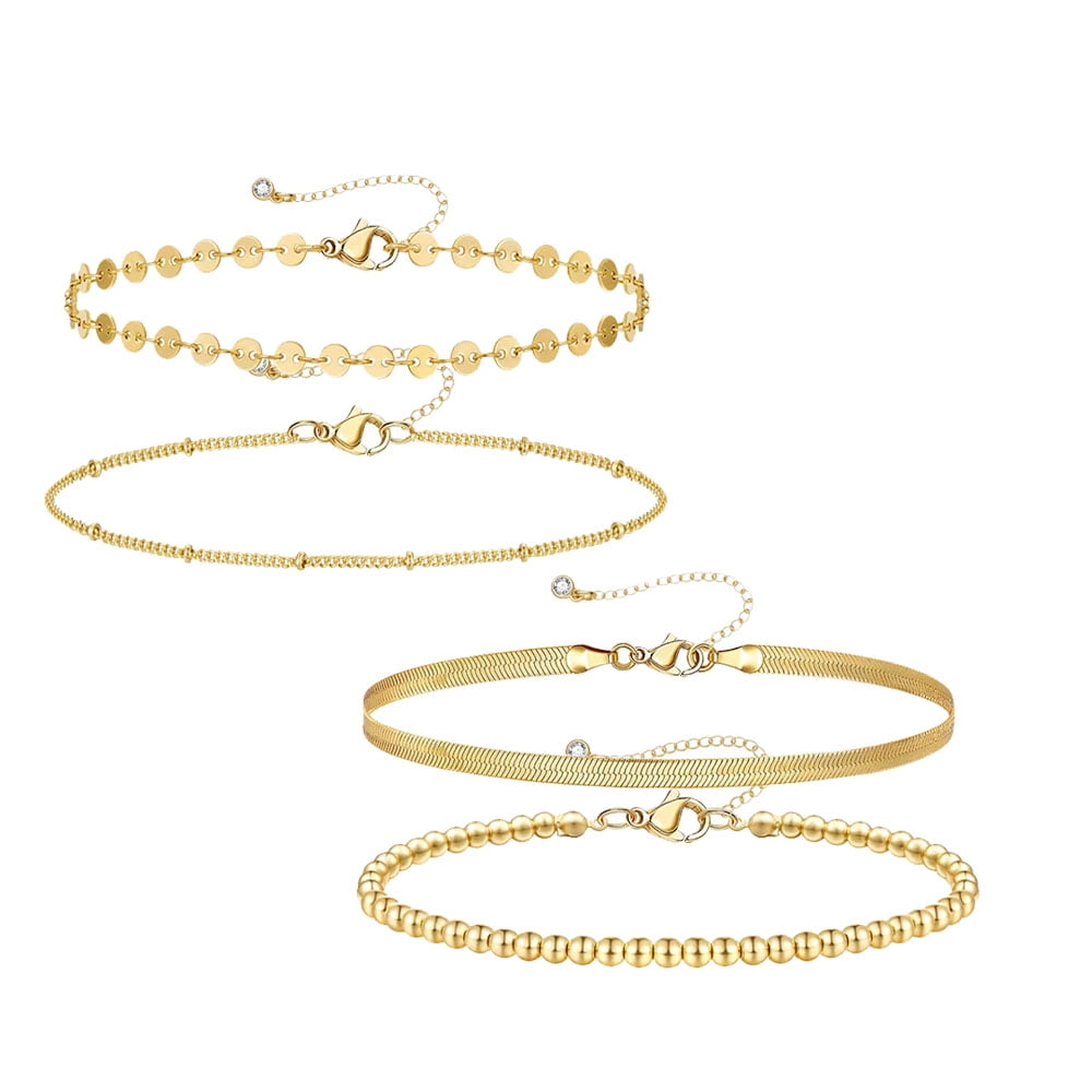 Gold Beaded Chain Bracelets Set for Women 18K Real Gold Plated Dainty ...