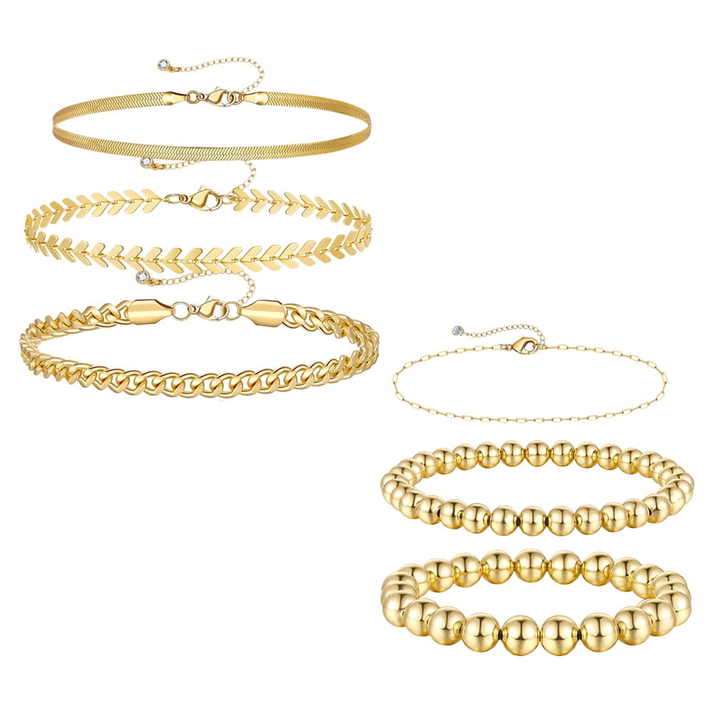 Gold Beaded Chain Bracelets Set for Women 20K Real Gold Plated Dainty ...