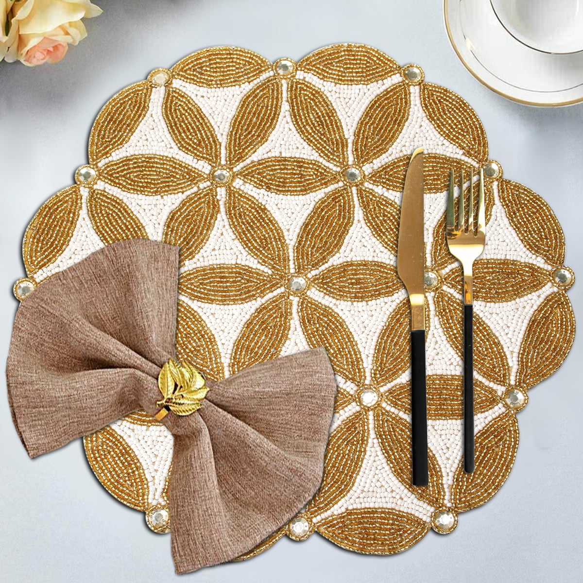 Gold Beaded Placemats Pack of 1 for Dining Coffee Table Scratch Heat ...