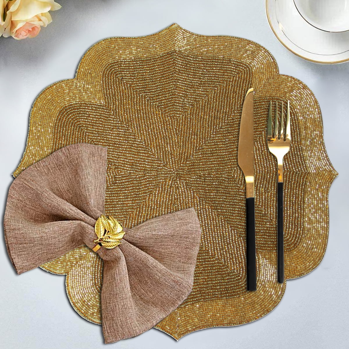 Gold Beaded Placemats Set of 6 for Dining Coffee Table Scratch Heat ...