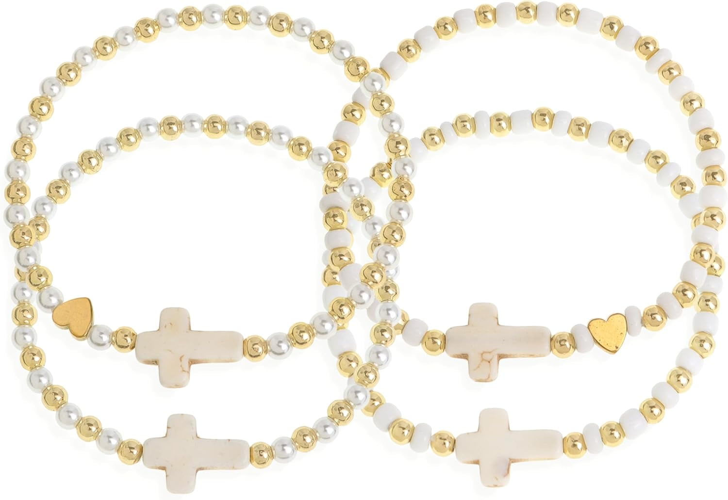 Gold Beaded Top Pearl Cross Stack Friendship Bracelets Set for Women ...