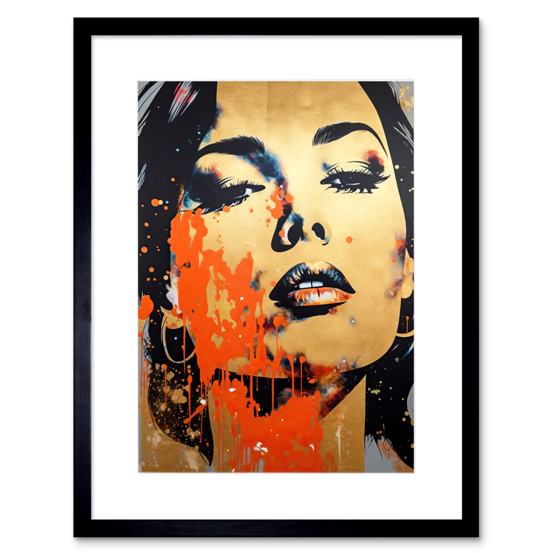 Gold Beauty Woman Face with Earrings Red Splat Paint Linocut Portrait ...