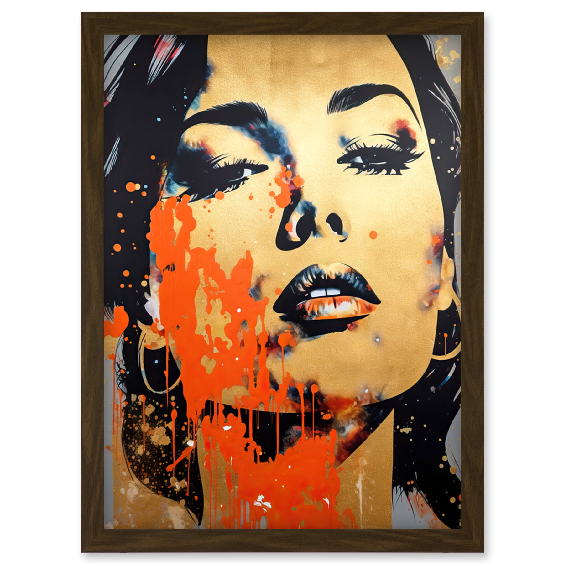 Gold Beauty Woman Face with Earrings Red Splat Paint Linocut Portrait ...