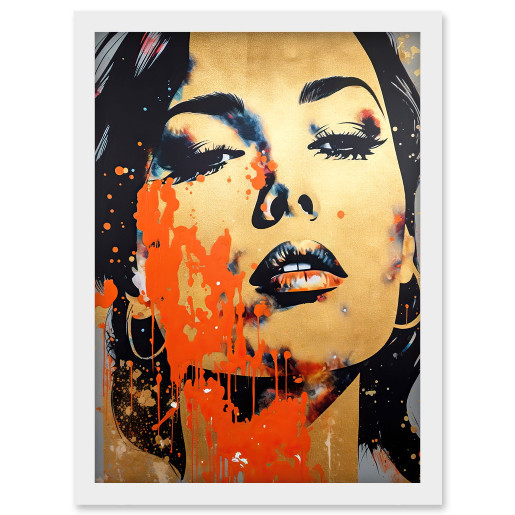 Gold Beauty Woman Face with Earrings Red Splat Paint Linocut Portrait ...
