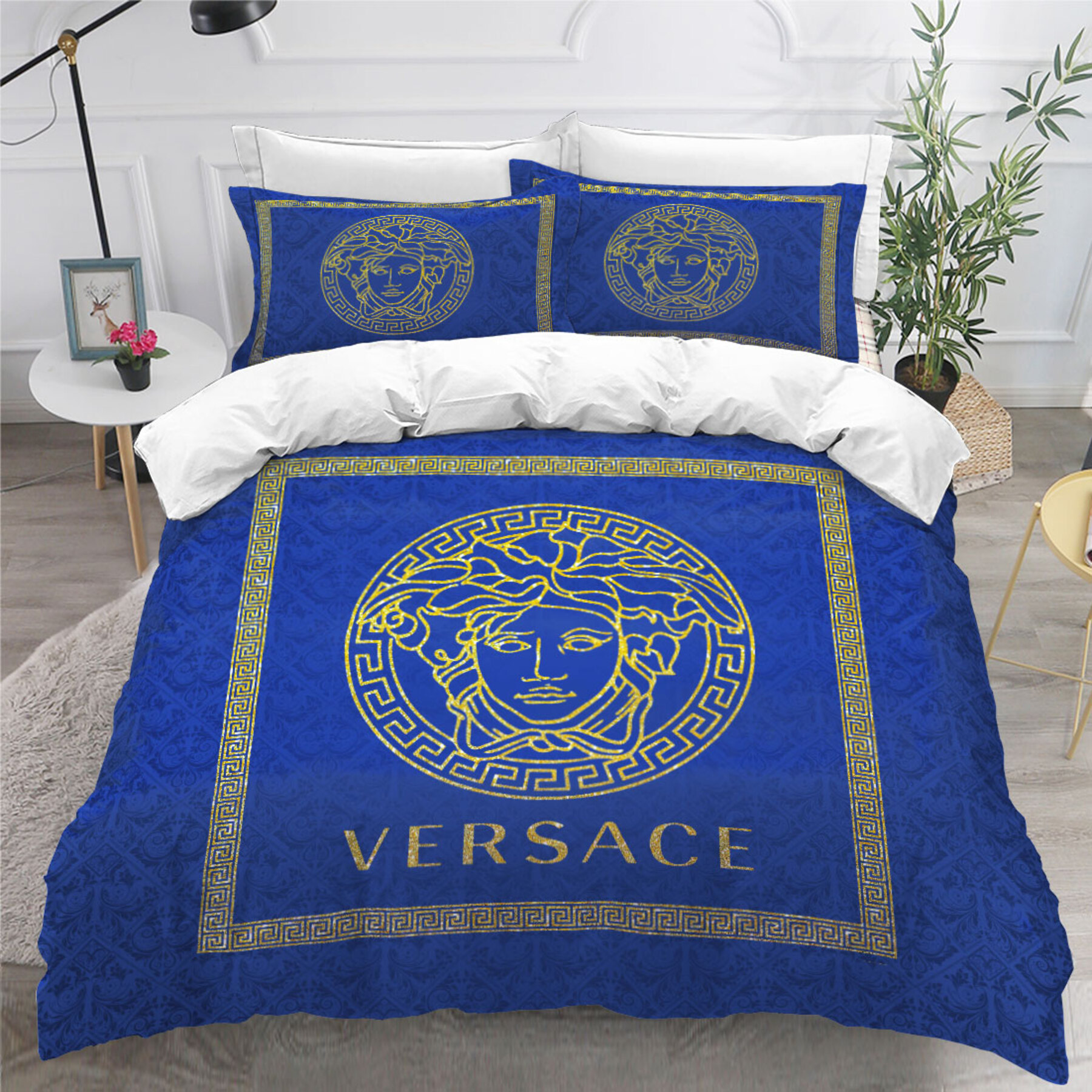 Gold Bedding Set Luxurious Deep Blue with Greek Key Design Elegant ...
