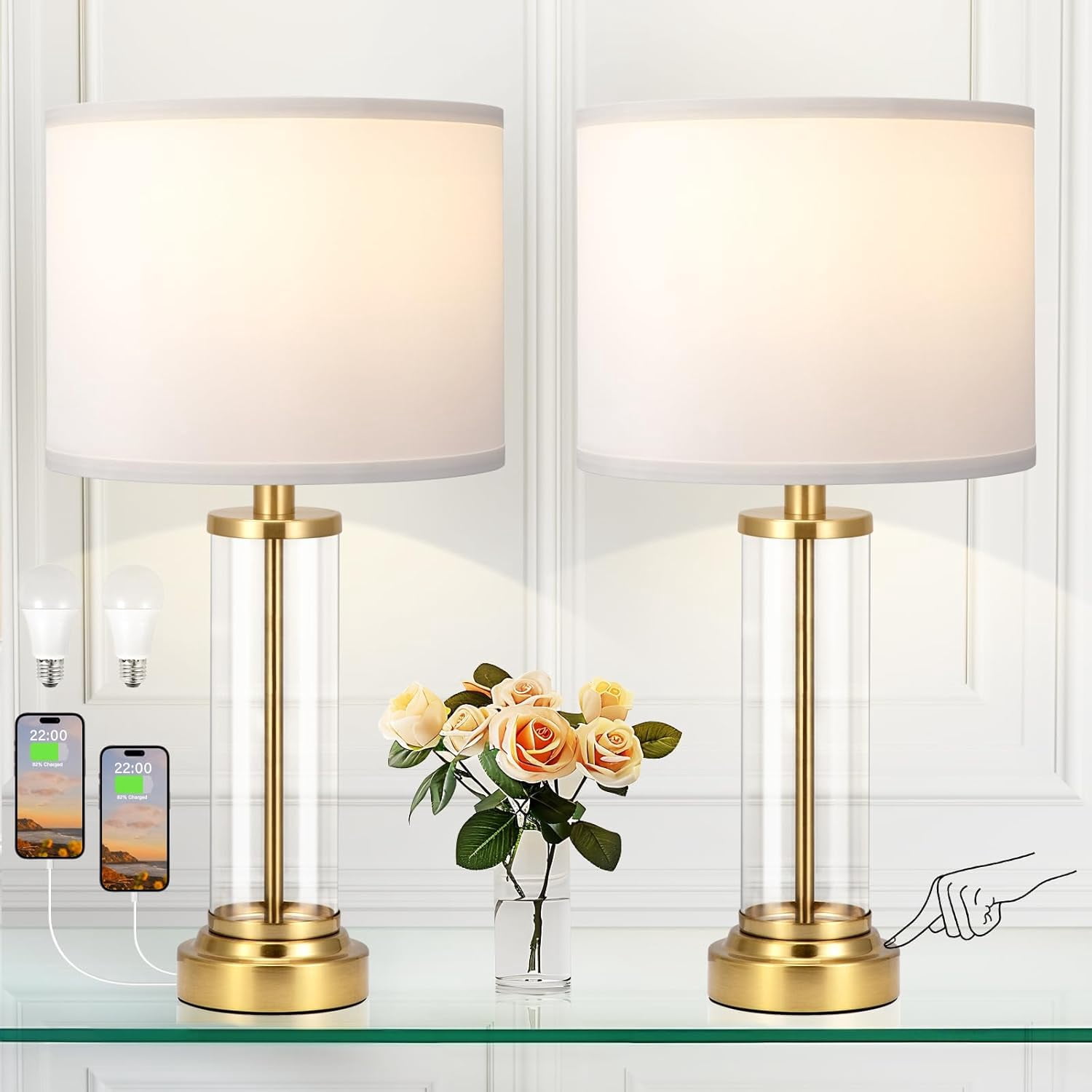 Gold Bedroom Lamps Set of 2 - Touch Bedside Lamp for Night Stands with ...