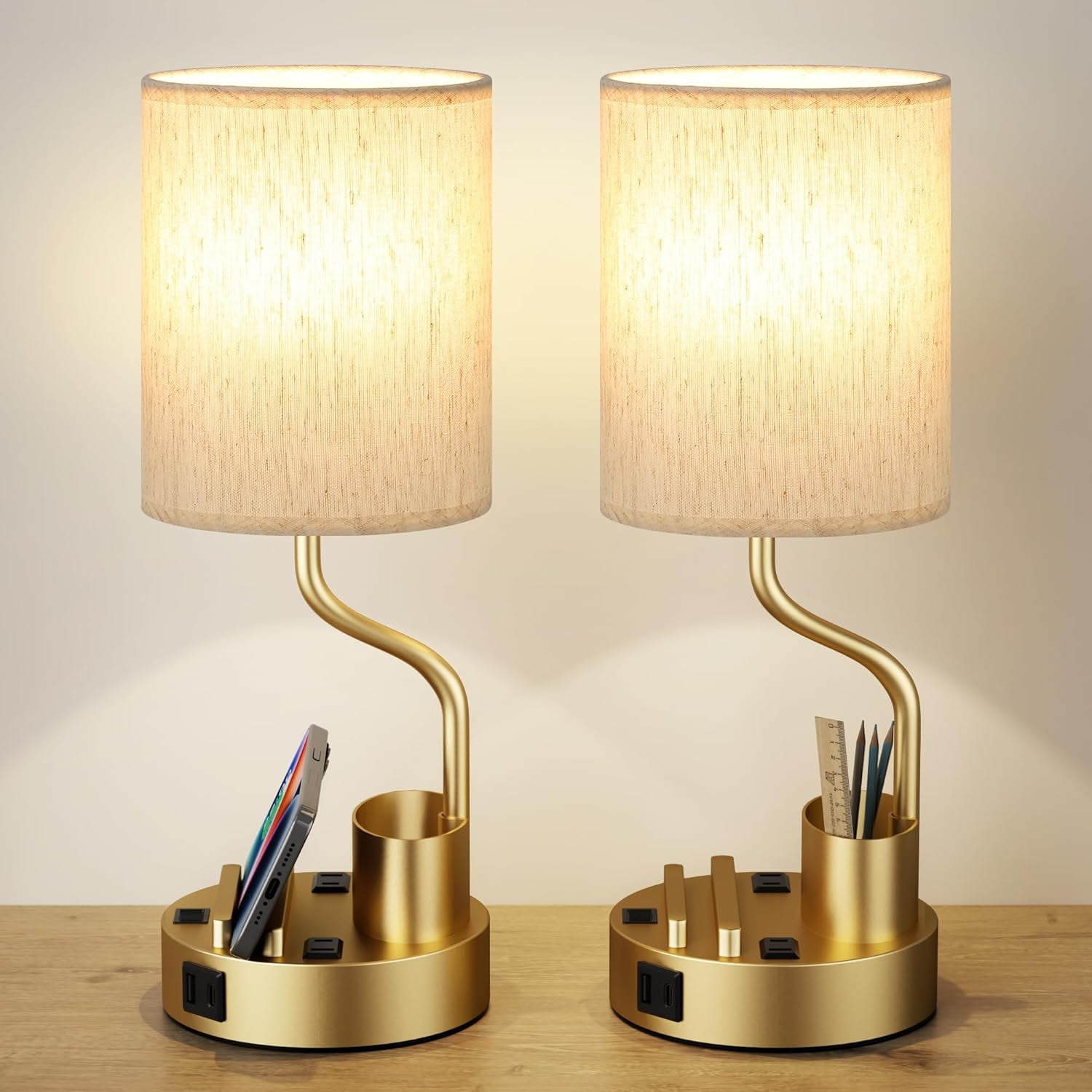 Gold Bedside Table Lamps for Bedroom Set of 2 - Nightstand Light with ...