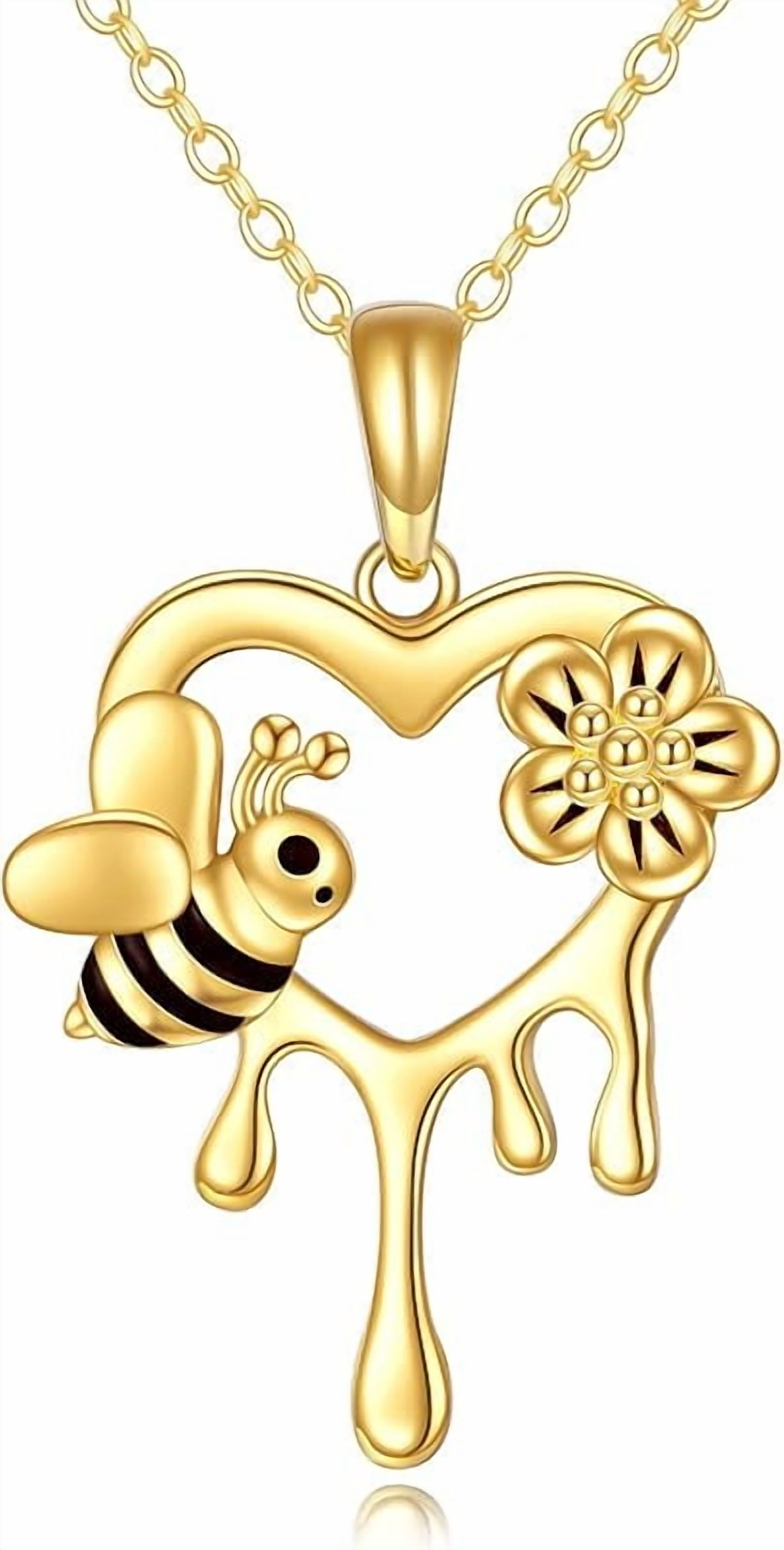 Gold Bee Necklace Gifts for Mom Women 14k Yellow Gold Honeycomb Honey ...