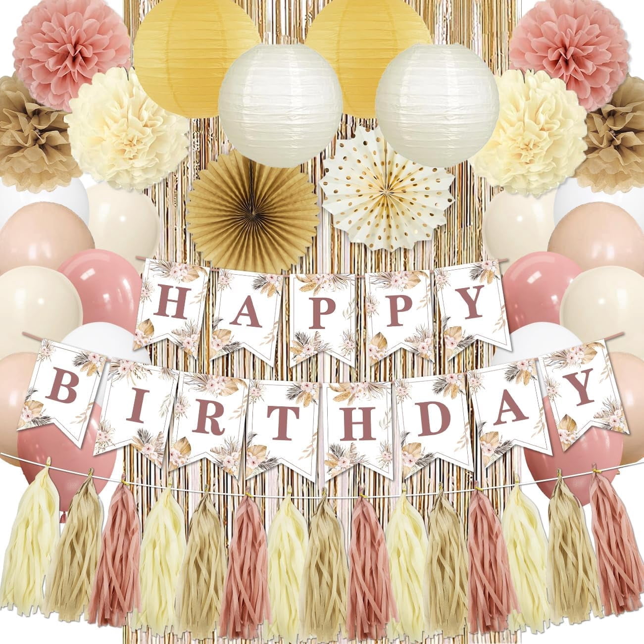 Gold Beige Boho Birthday Decorations Women Girls Birthday Banner Cream ...