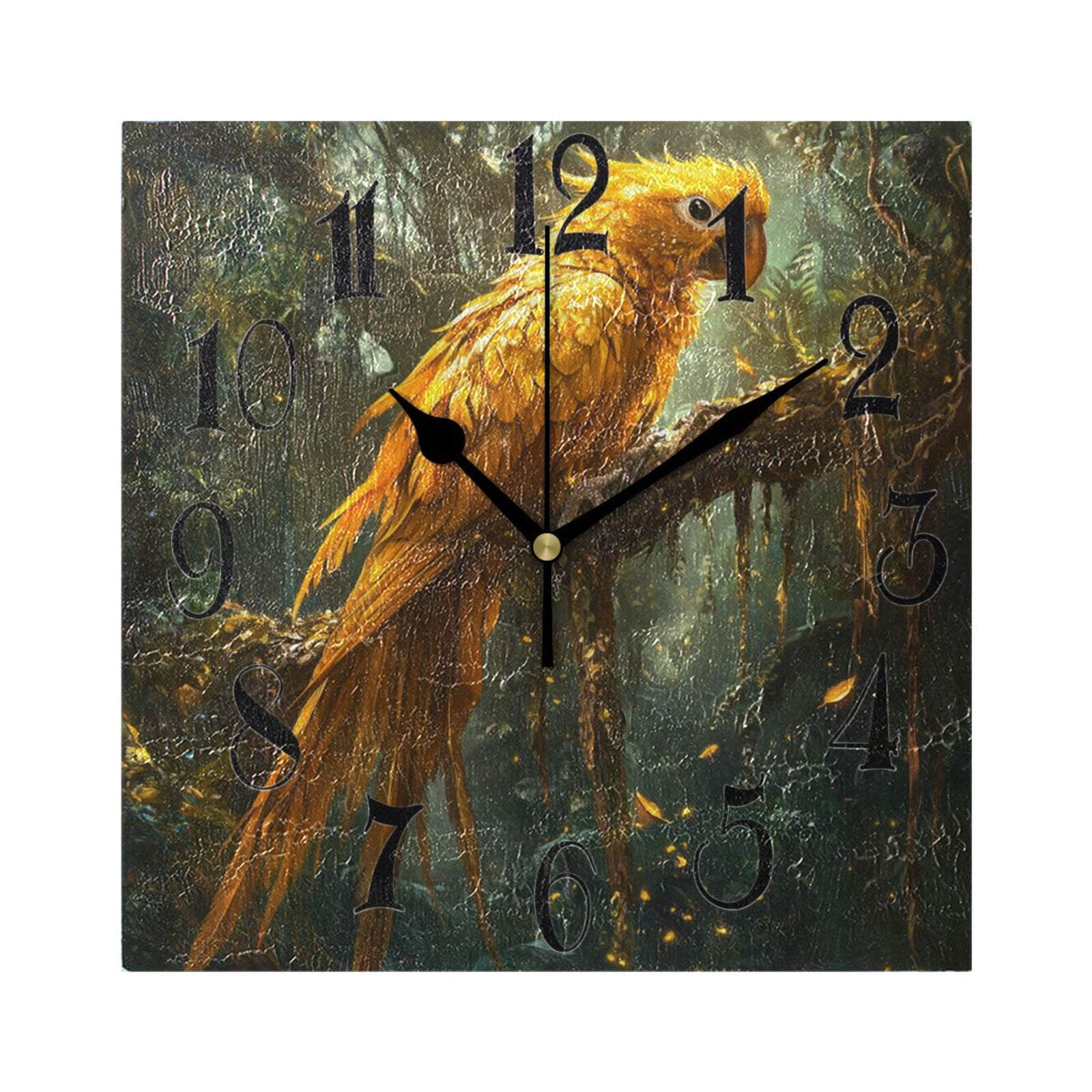 Gold Bird in Tree Wall Clock Decorative Square Silent Non-Ticking ...