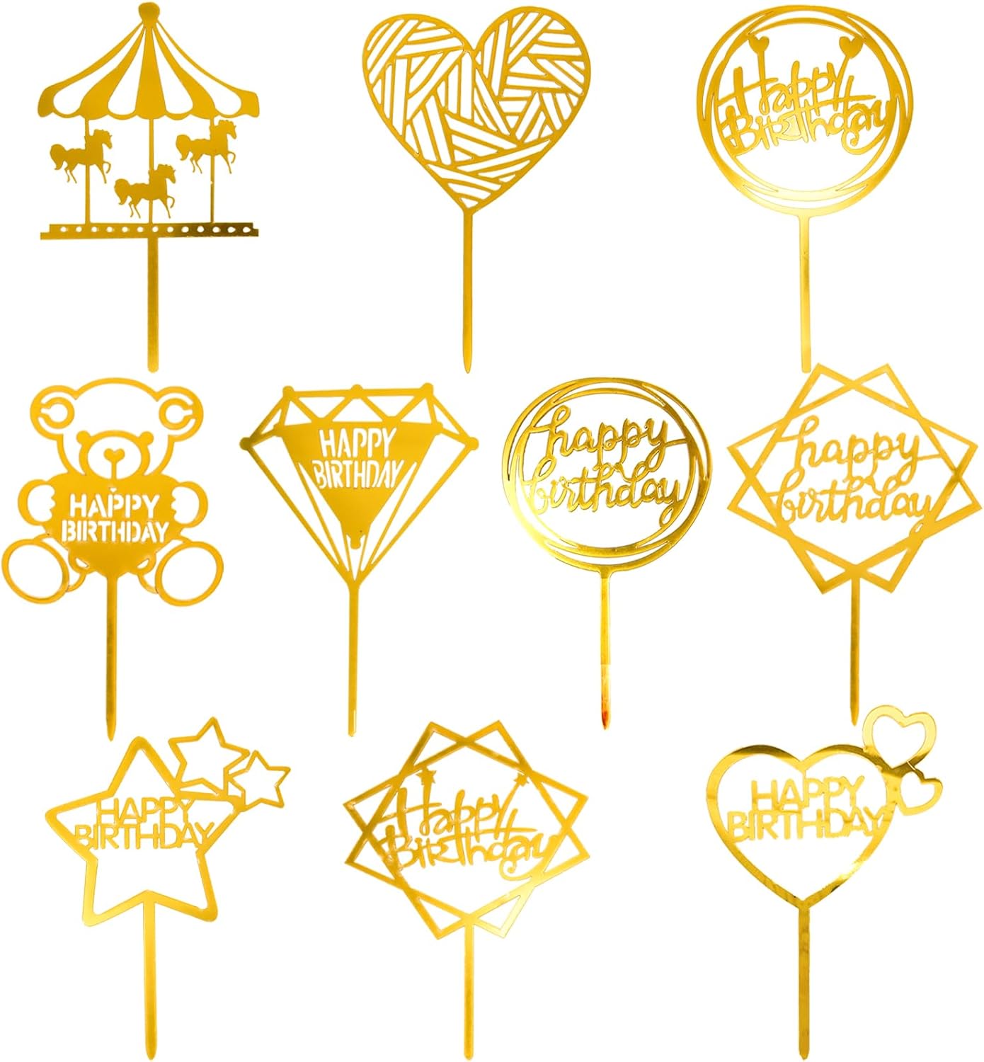 Gold Birthday Cake Topper, 6pcs Acrylic Birthday Cake Toppers Happy ...