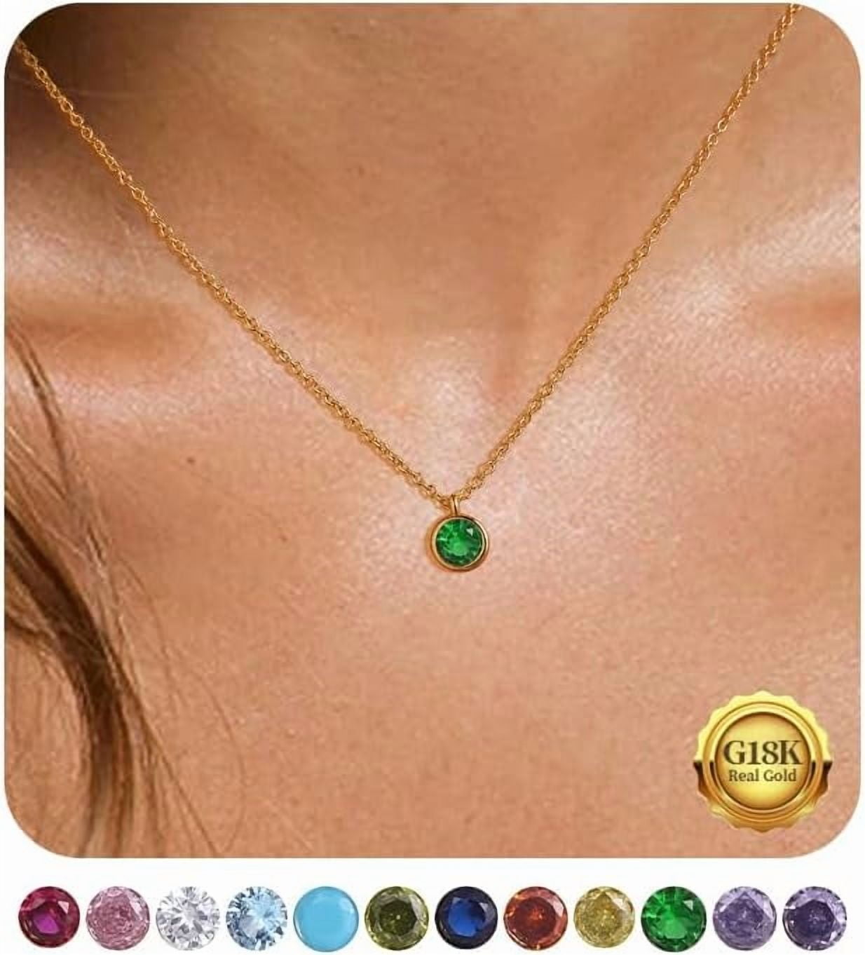 Gold Birthstone Necklace for Women,Dainty 14K Gold Plated Green Diamond ...