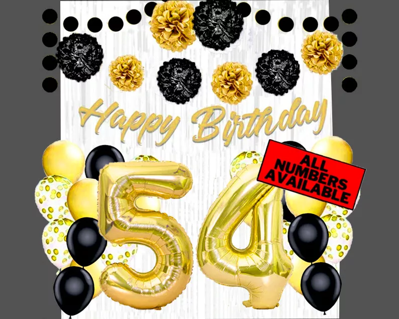 Gold & Black 54th Birthday Decorations - 40" Number Balloons & More ...