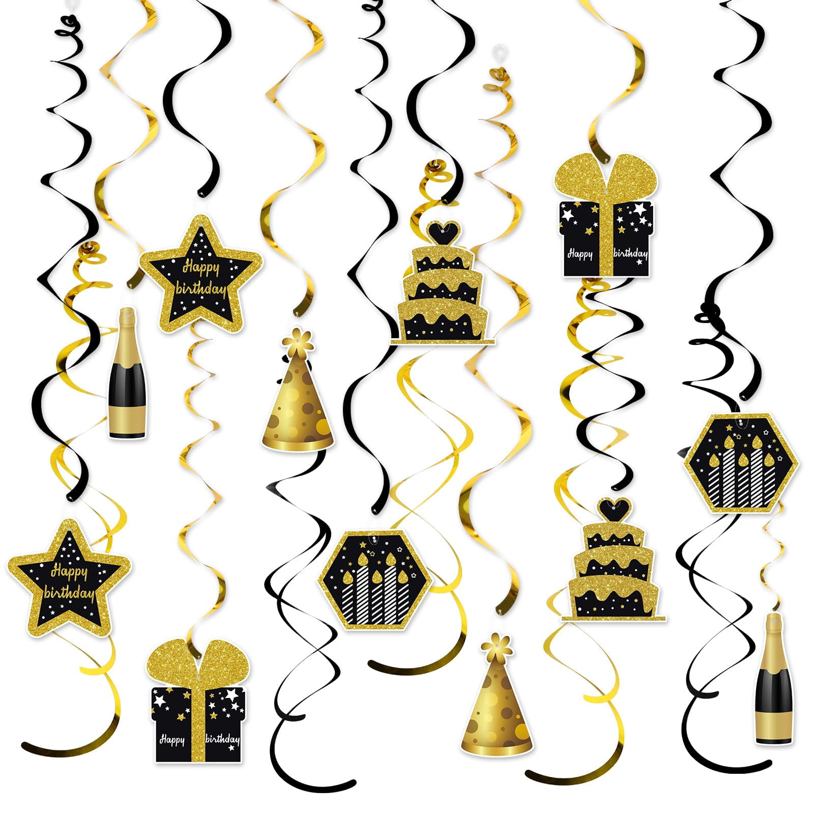 Gold and Black Birthday Hanging Swirls, Happy Birthday Ceiling ...