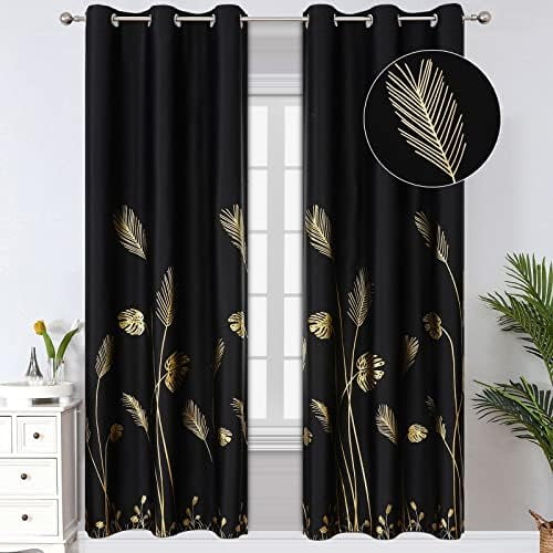 Gold and Black Blackout Curtains with Palm Tree and Wheat Pattern ...