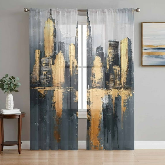 Gold Black Building Sheer Curtains 72 Inch Length 2 Panels Set, Modern ...