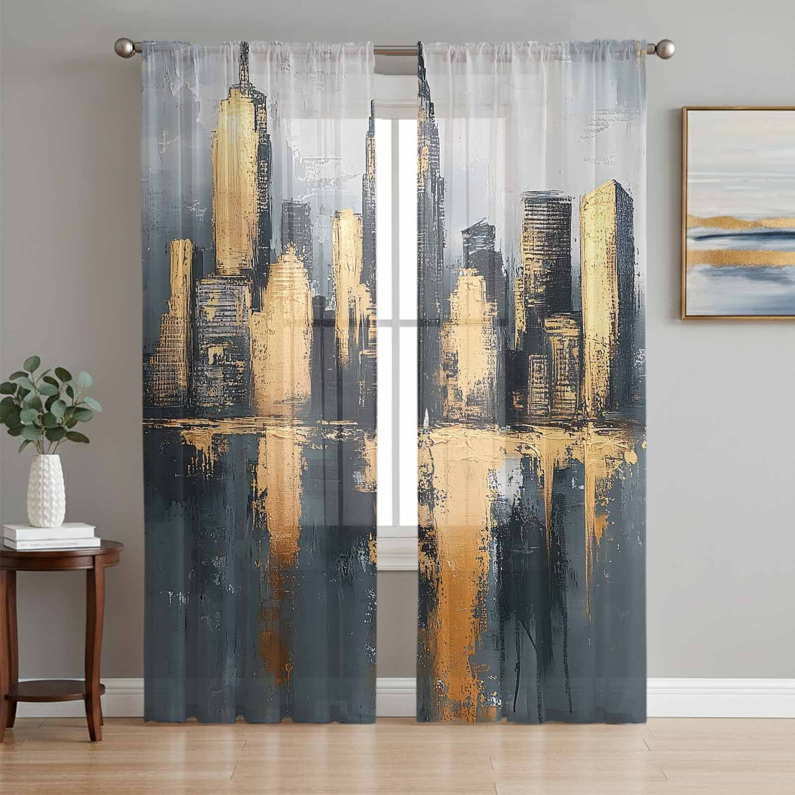 Gold Black Building Sheer Curtains 96 Inch Length 2 Panels Set, Modern ...