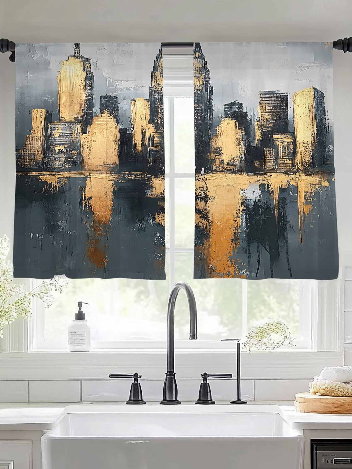 Gold Black Building Sheer Curtains for Living Room Bedroom Modern Chic ...