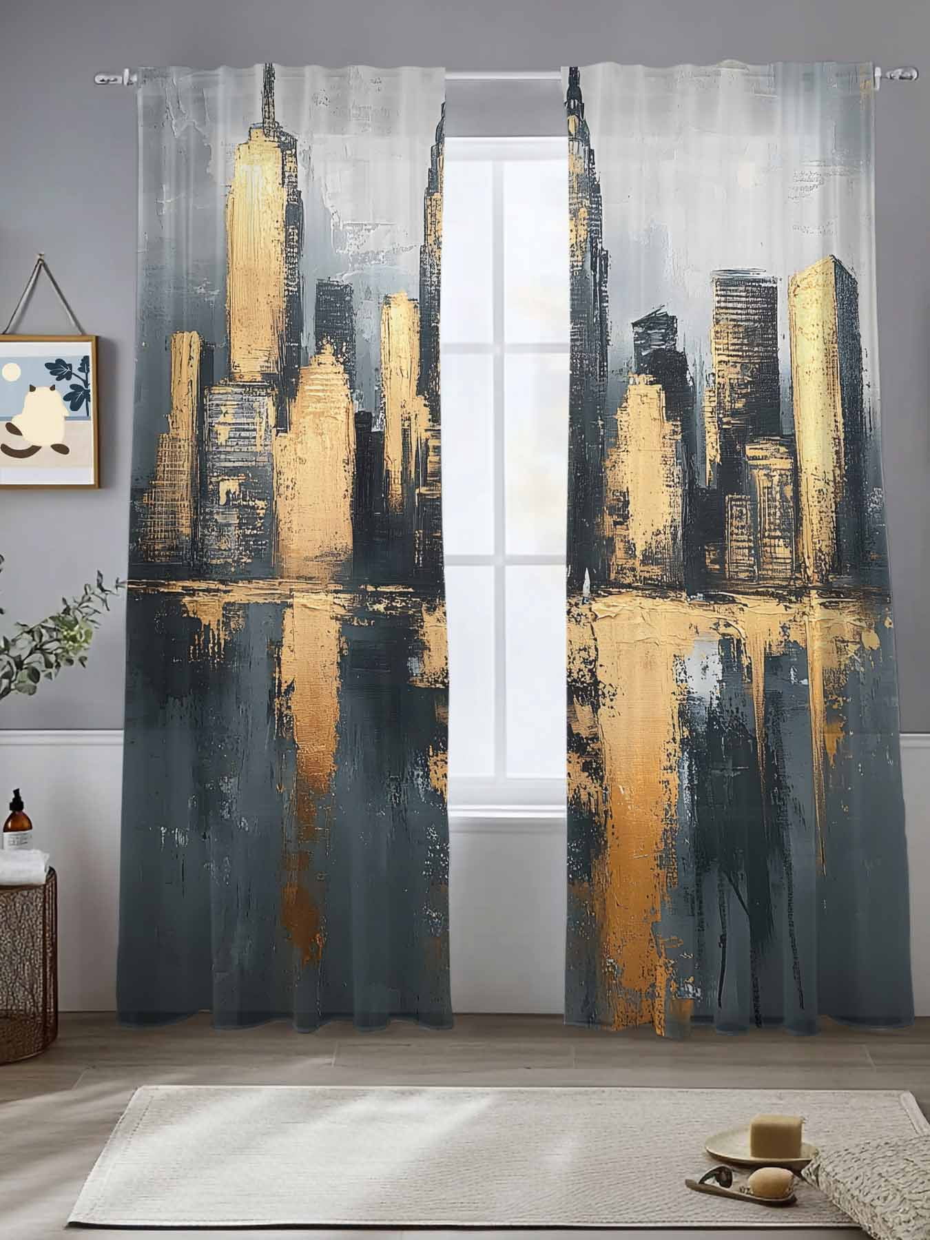 Gold Black Building Sheer Curtains for Living Room Bedroom Modern Chic ...