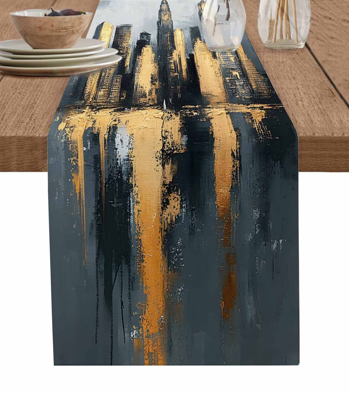 Gold Black Building Table Runner 108 Inches, Modern Chic City Oil ...