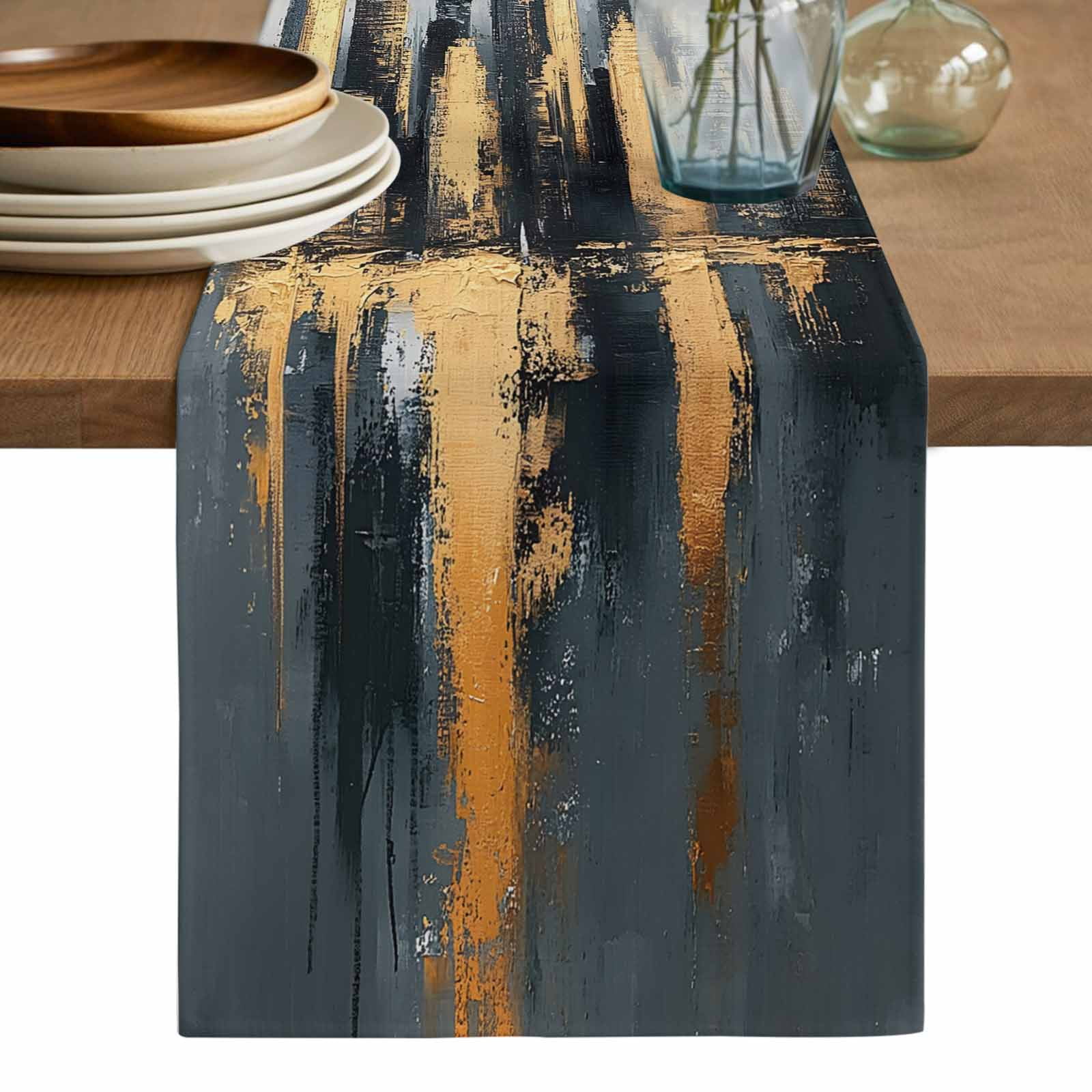 Gold Black Building Table Runner, Modern Chic City Oil Painting ...