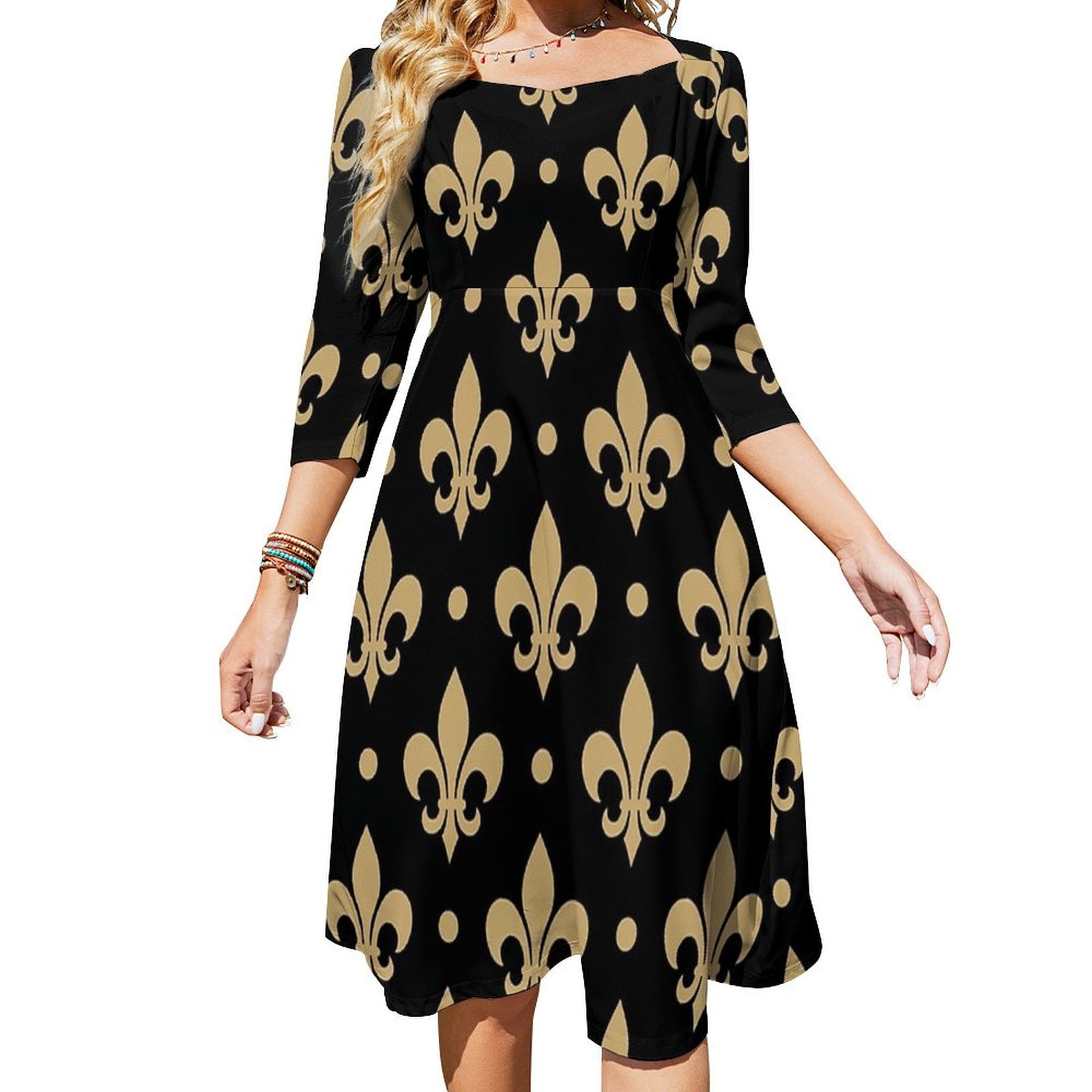 Gold & Black Fleur De Lis Sweetheart Knot Flared Dress Fashion Design ...