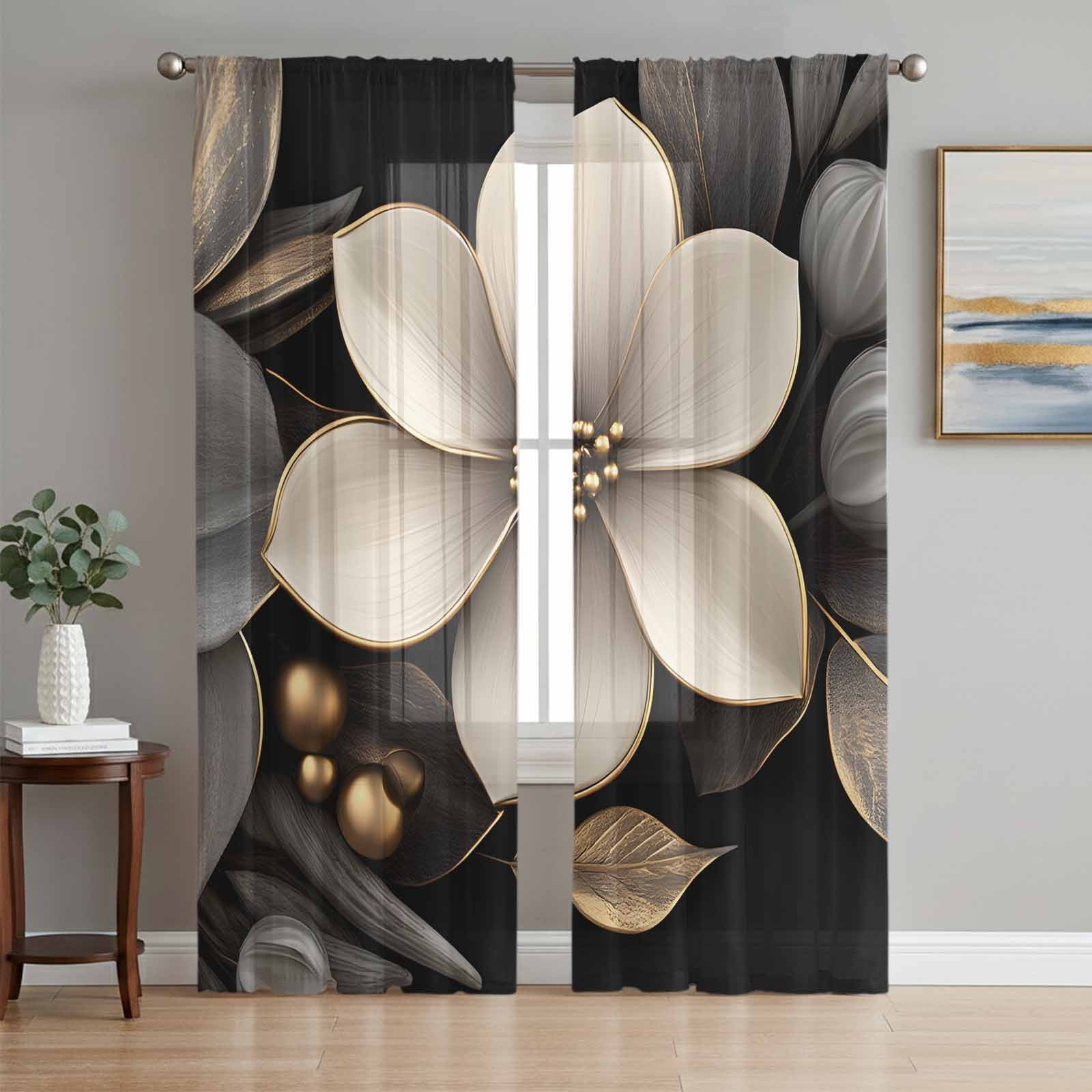 Gold Black Flower Semi Sheer Curtains 63 Inch Length 2 Panels Set ...