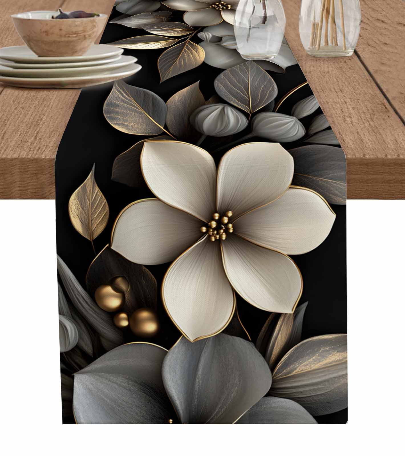 Gold Black Flower Table Runner 36 Inches, Blossoming Botanical Prints ...