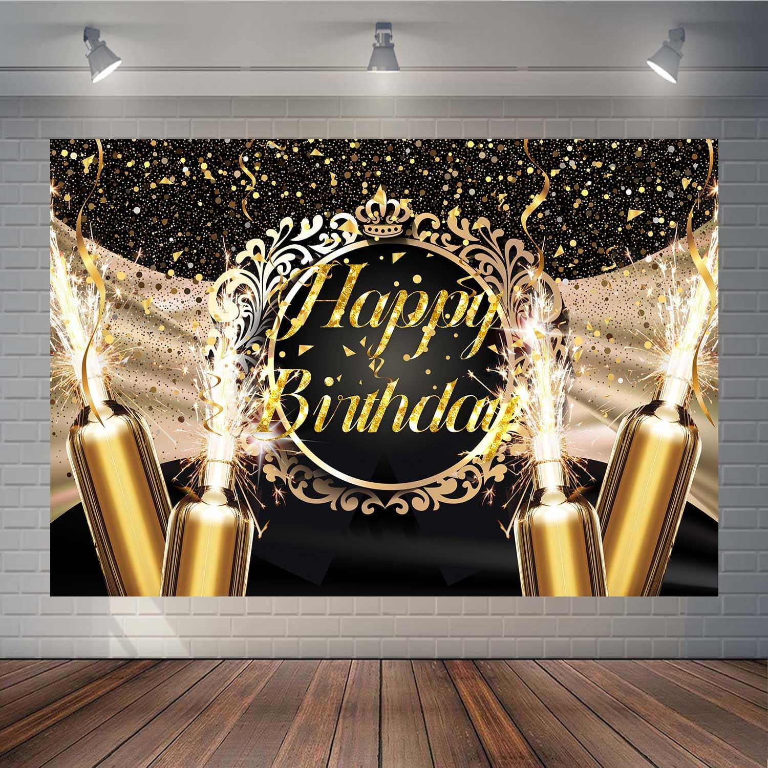 Gold Black Happy Birthday Backdrops Golden Spots Gillter Fireworks ...