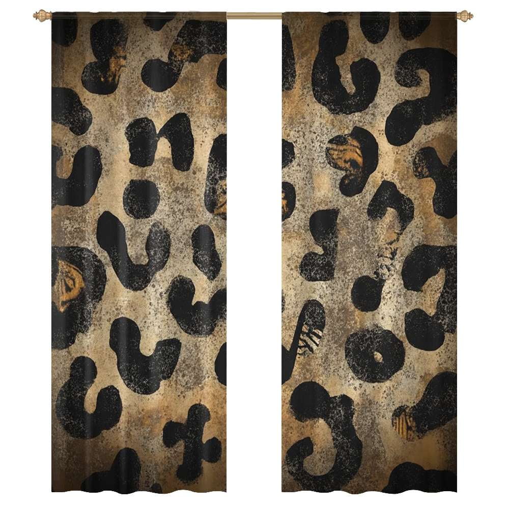 Gold Black Leopard Print Texture Sheer Voile Curtain Window Tulle ...