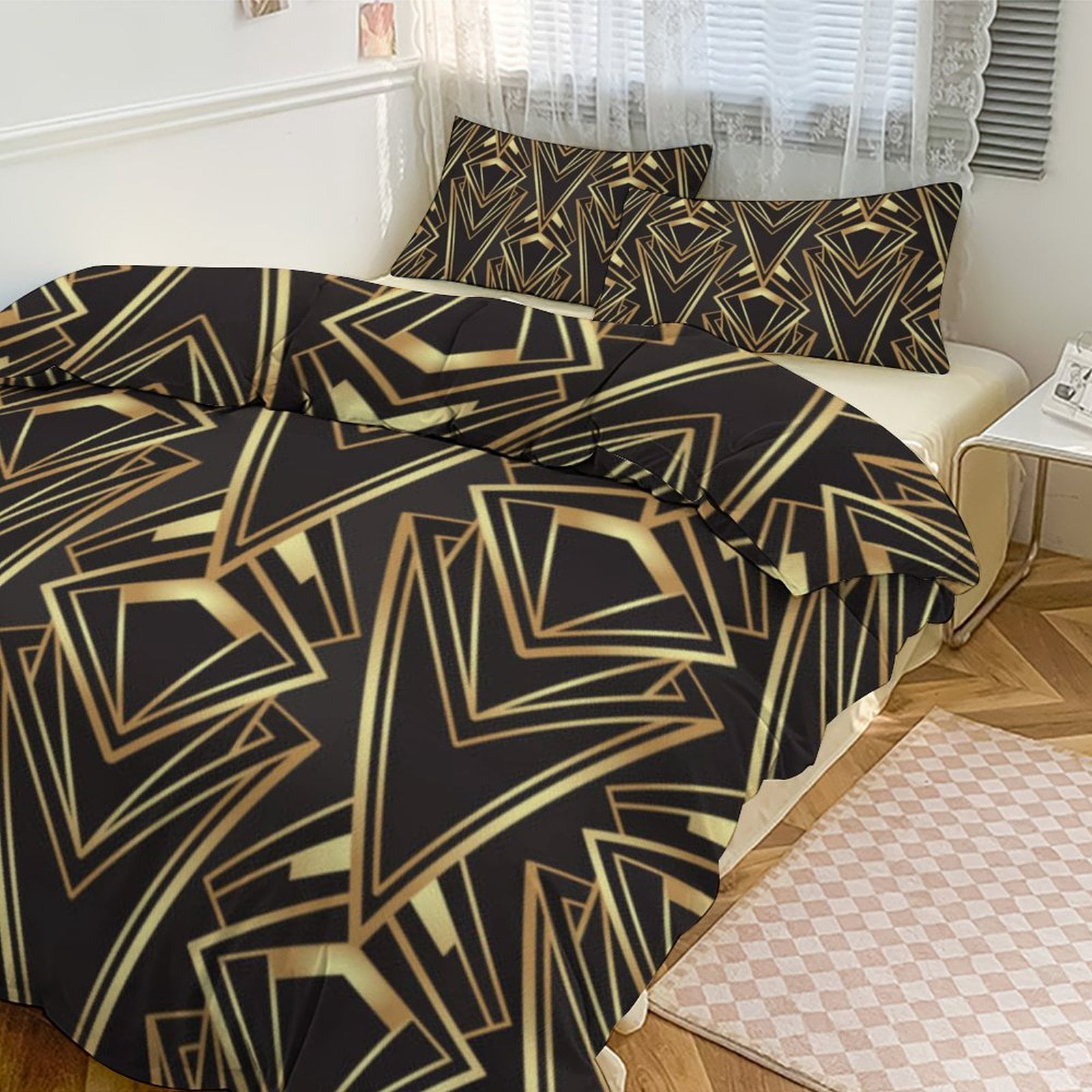 Gold Black Line Abstract Geometric 3D Pattern 3D Duvet Cover Set Quilt ...