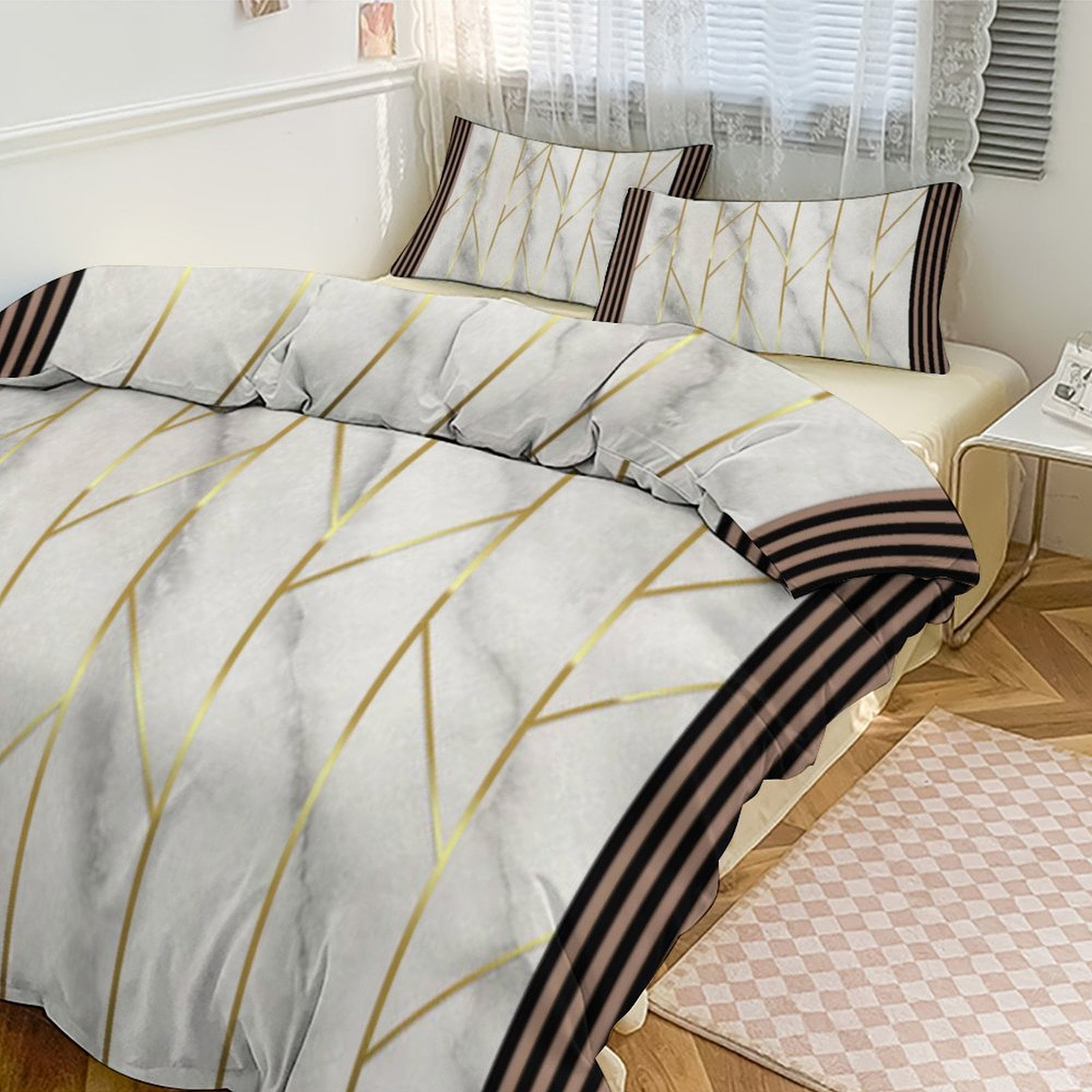 Gold Black Line Abstract Geometric 3D Pattern 3D Duvet Cover Set Quilt ...