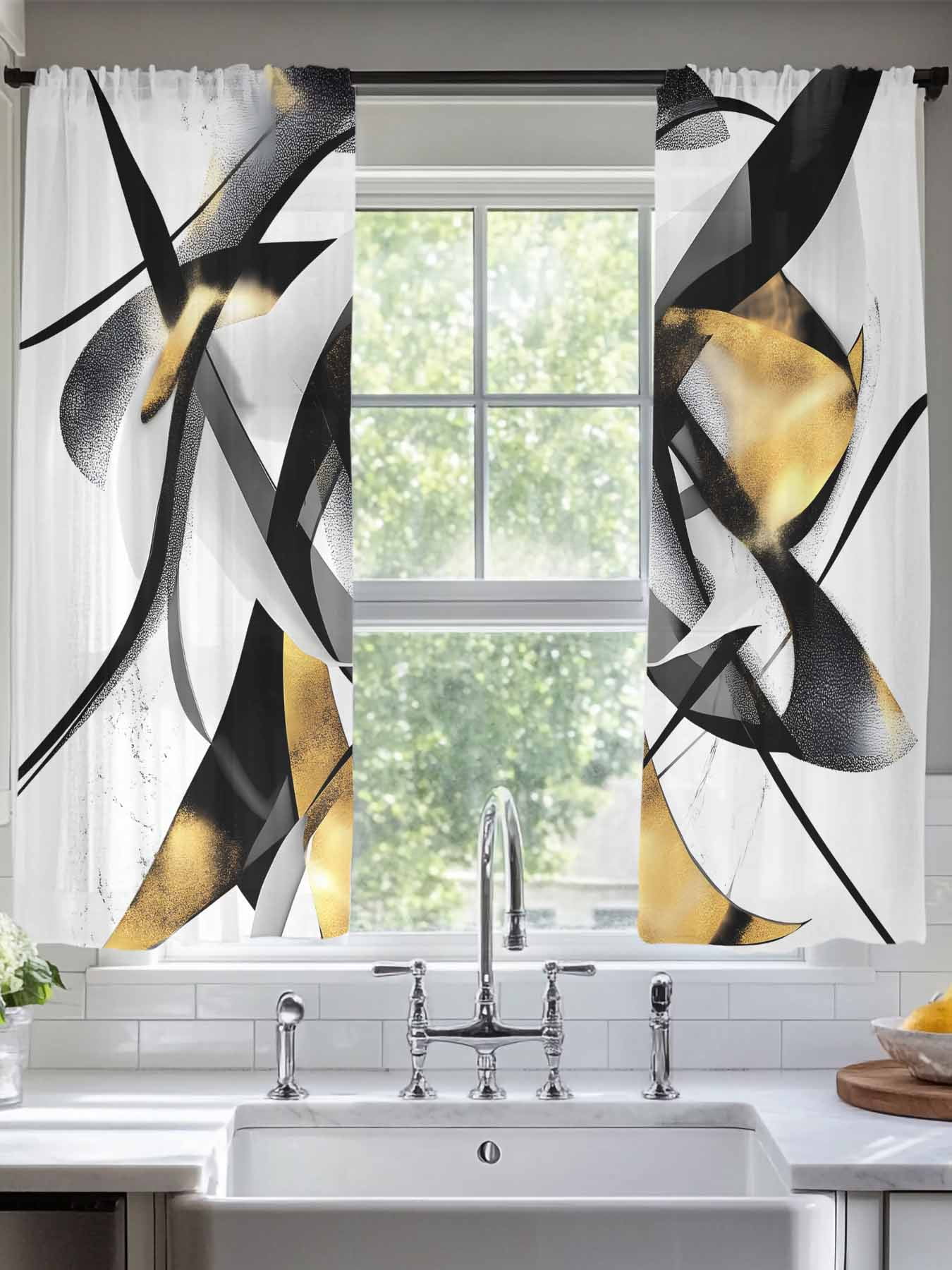 Gold Black Line Sheer Curtains 63 Inches Long 2 Panels Abstract ...