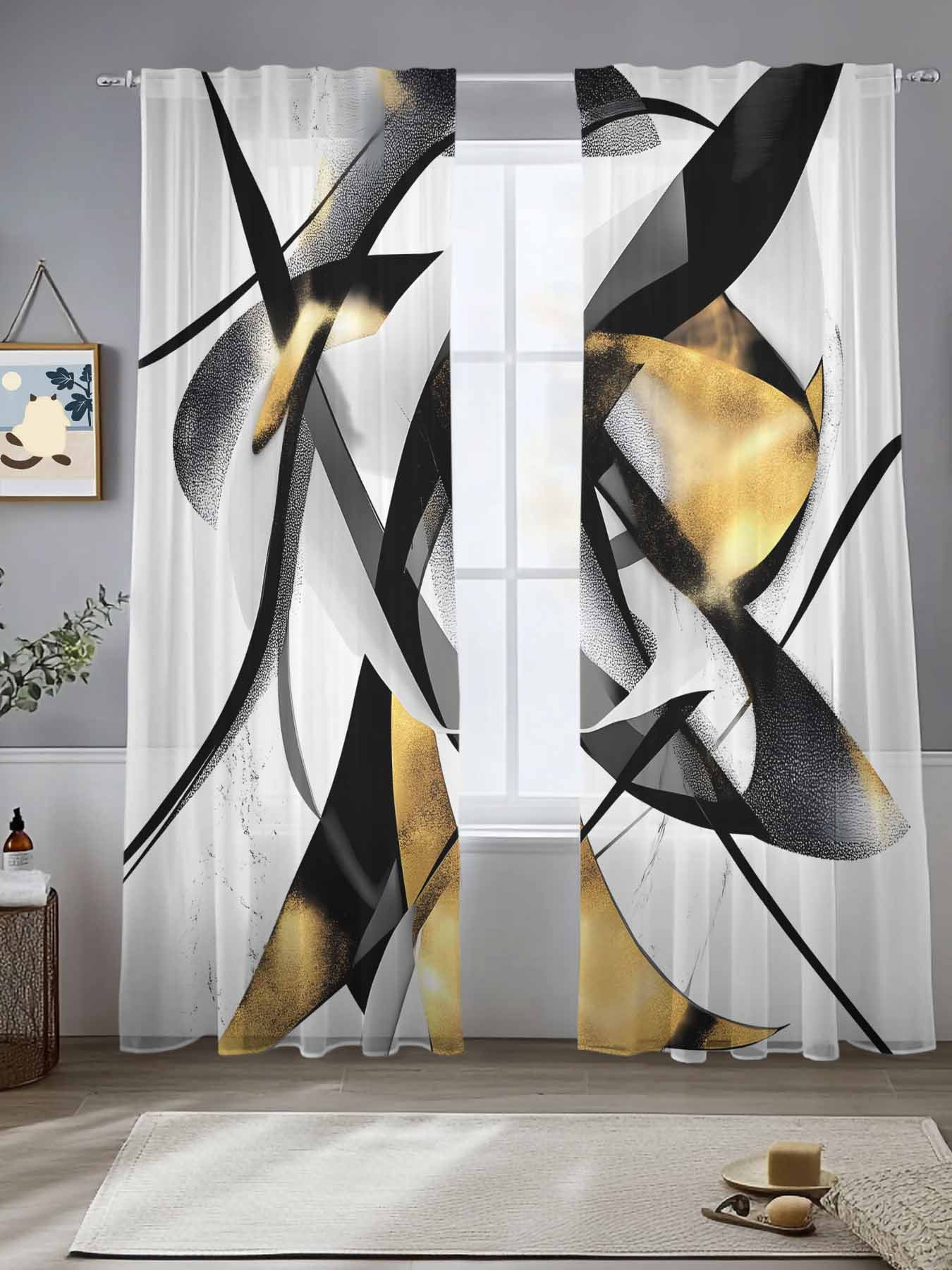 Gold Black Line Sheer Curtains 84 Inches Long 2 Panels Abstract ...
